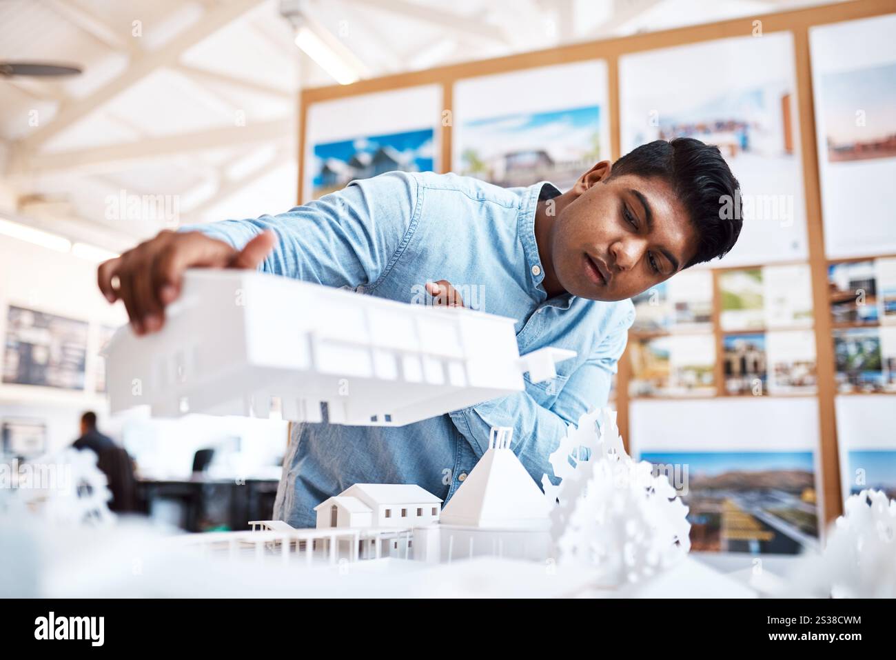 Planning, engineering and man in office with 3d design for building ...