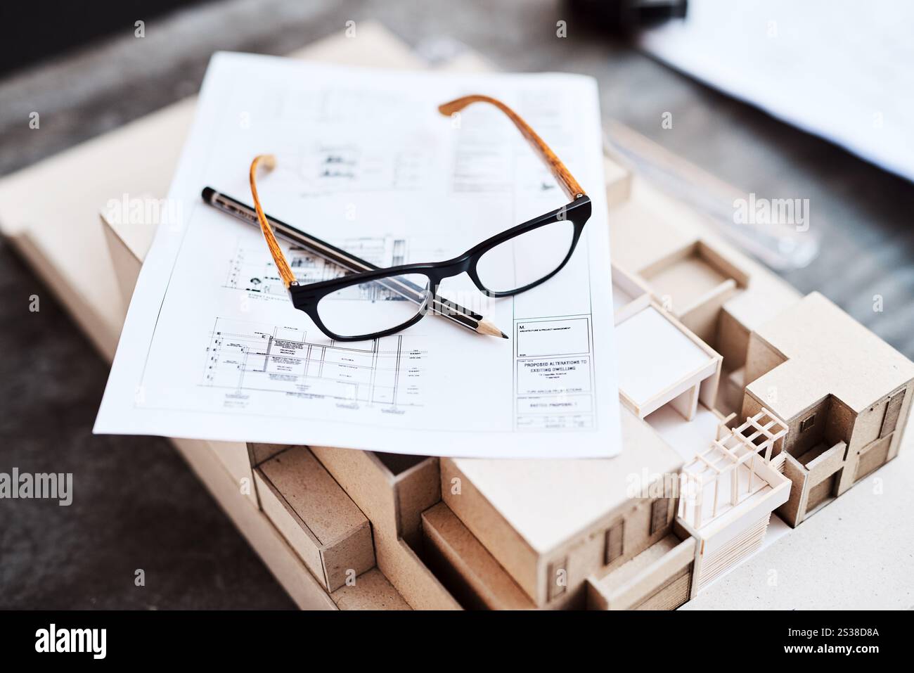 Blueprint, office and prototype for architecture, desk and documents ...