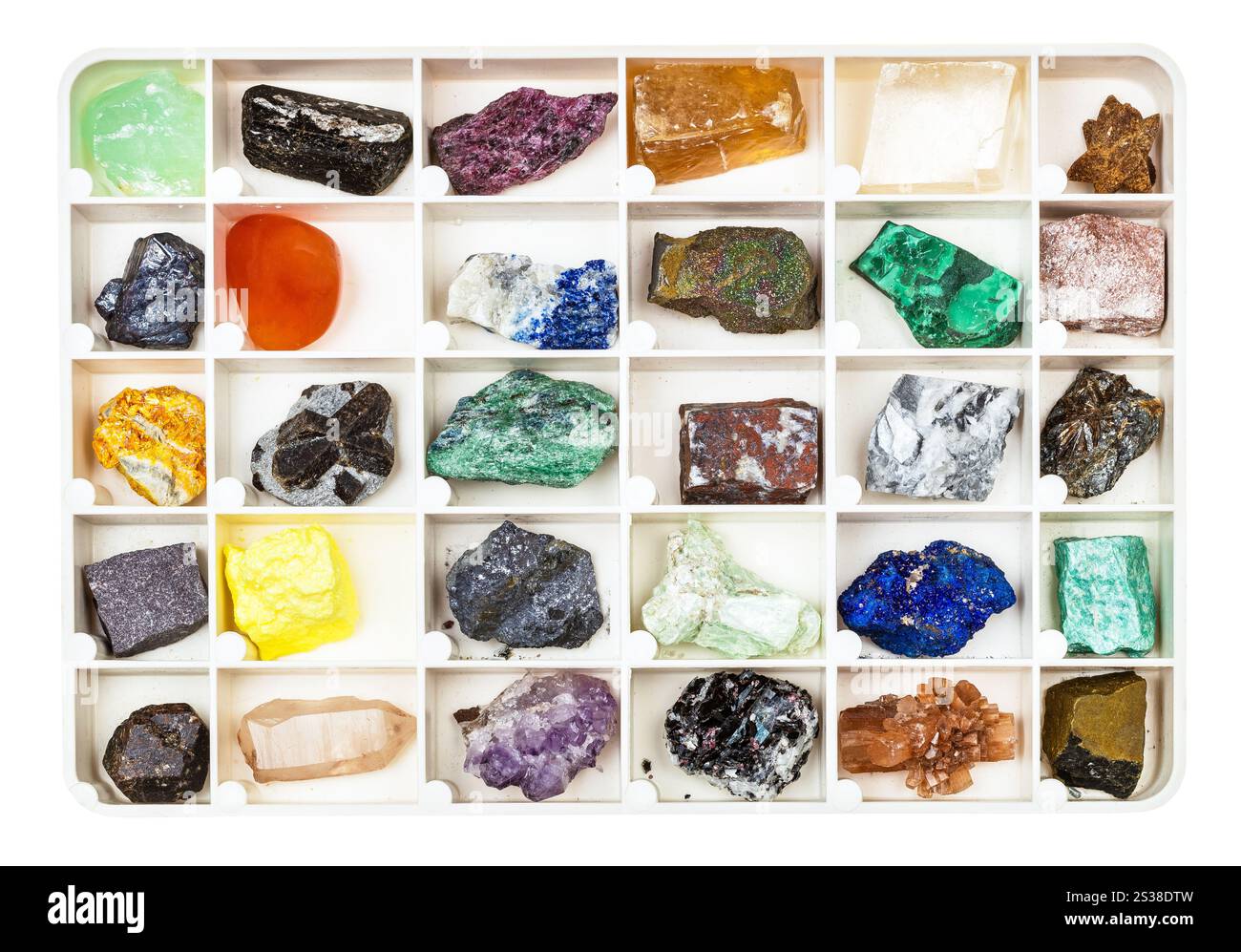 top view on natural minerals for geological collection in open plastic ...