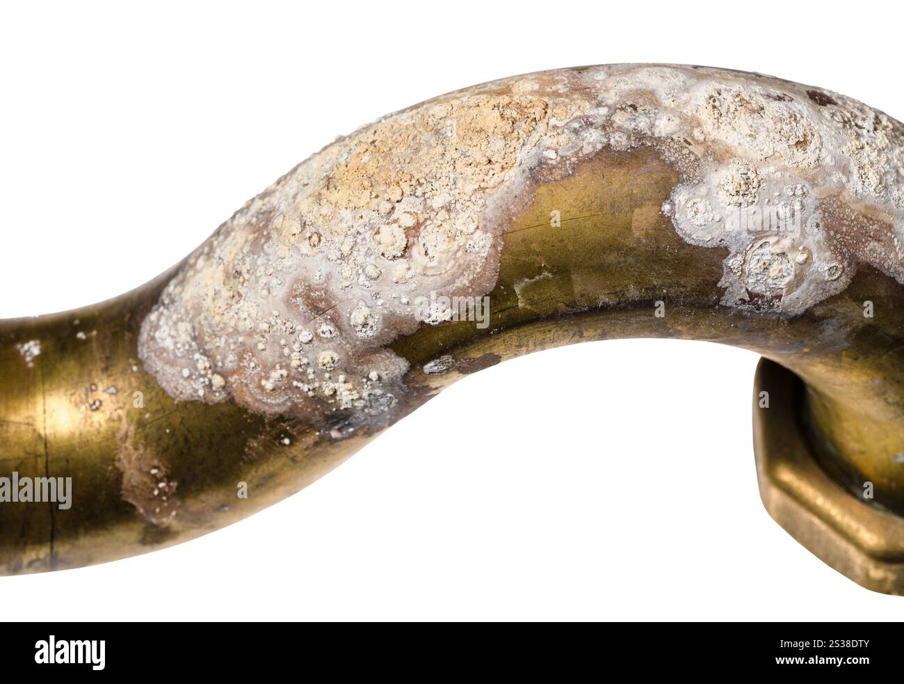 corrosion on brass drain pipe close up isolated on white background ...