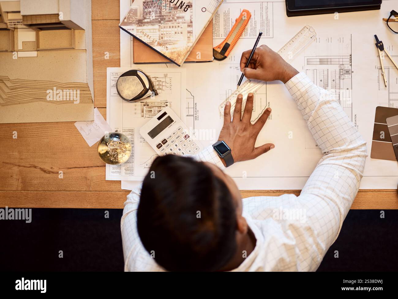Man, architect and drawing on document in office of architecture design ...