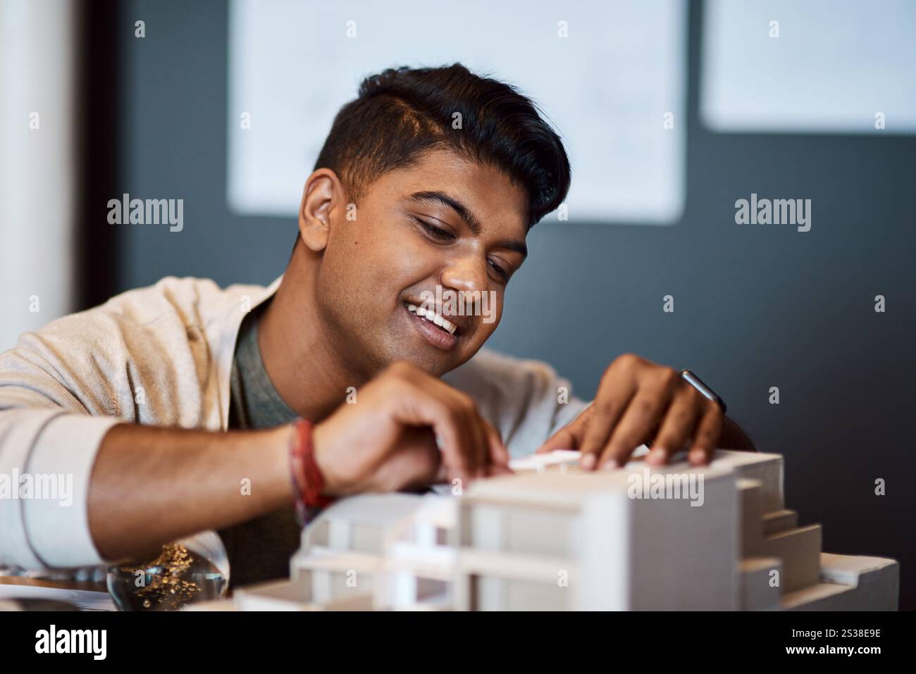 Architect, man and building model for planning design, creativity and ...