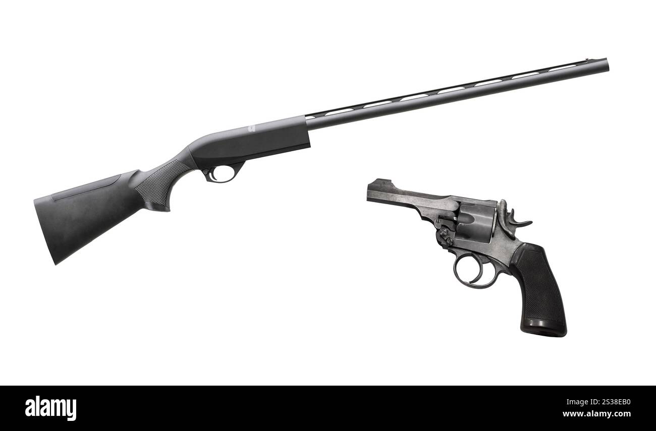 rifle and an old revolver isolated on white background. rifle and an ...