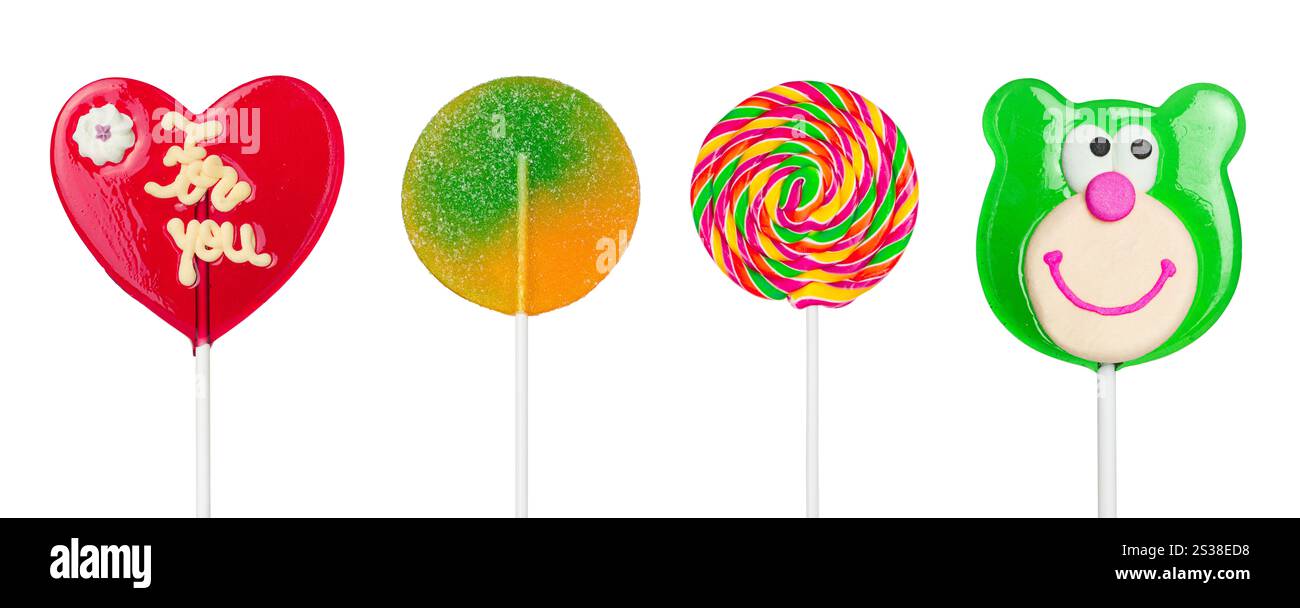 different lollipops on stick isolated on white. different lollipops on ...