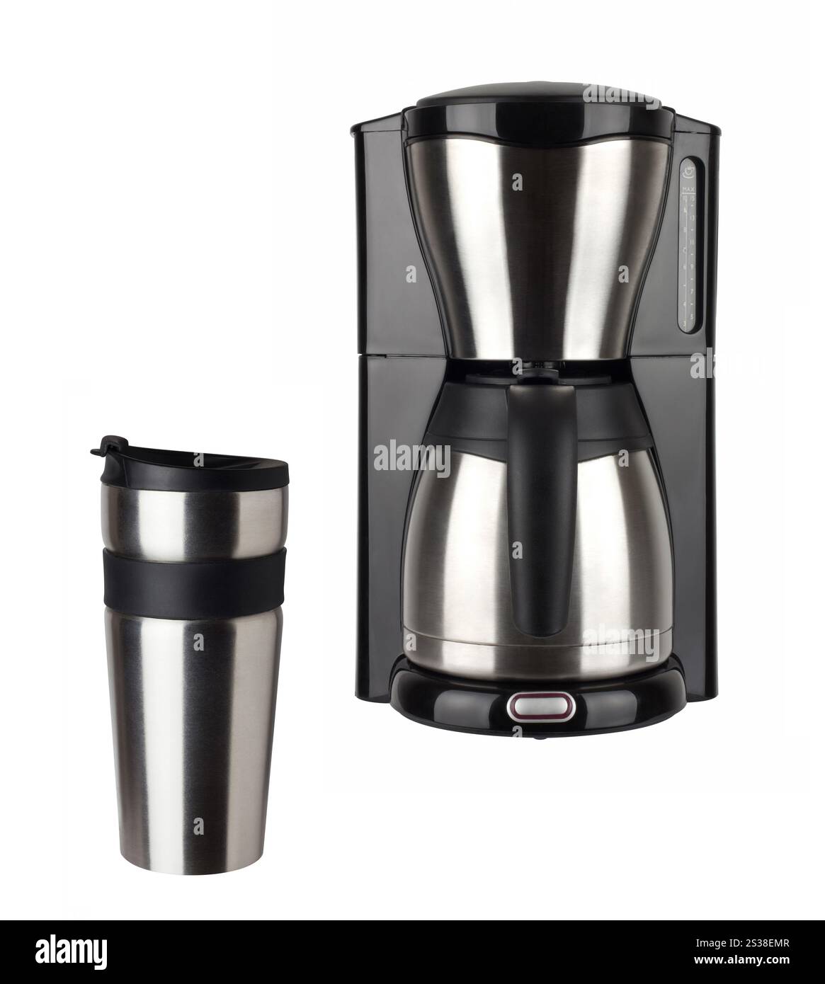 Coffee maker and thermo cup isolated on white. Coffee maker and thermo ...