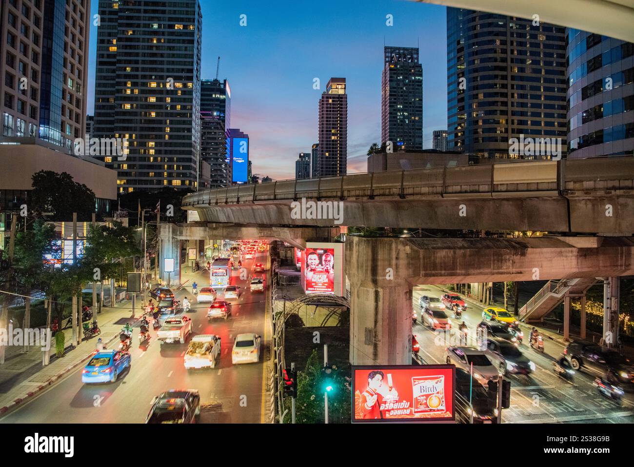 a road from the Chong nonsi Skywalk with high Buildings in Silom in the city of Bangkok in ...