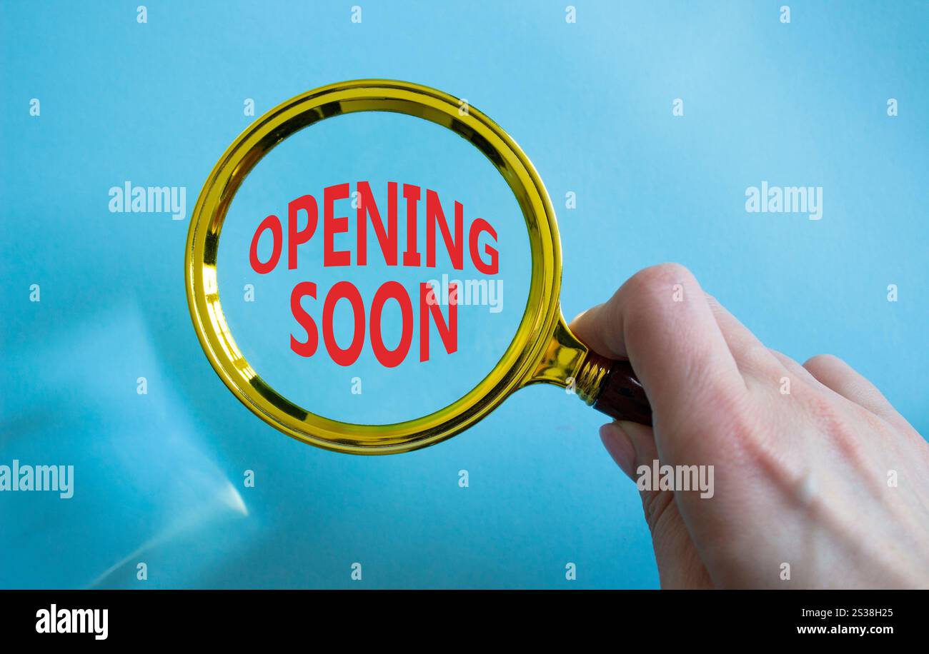 Opening soon symbol. Magnifying Glass with Concept word Opening soon ...