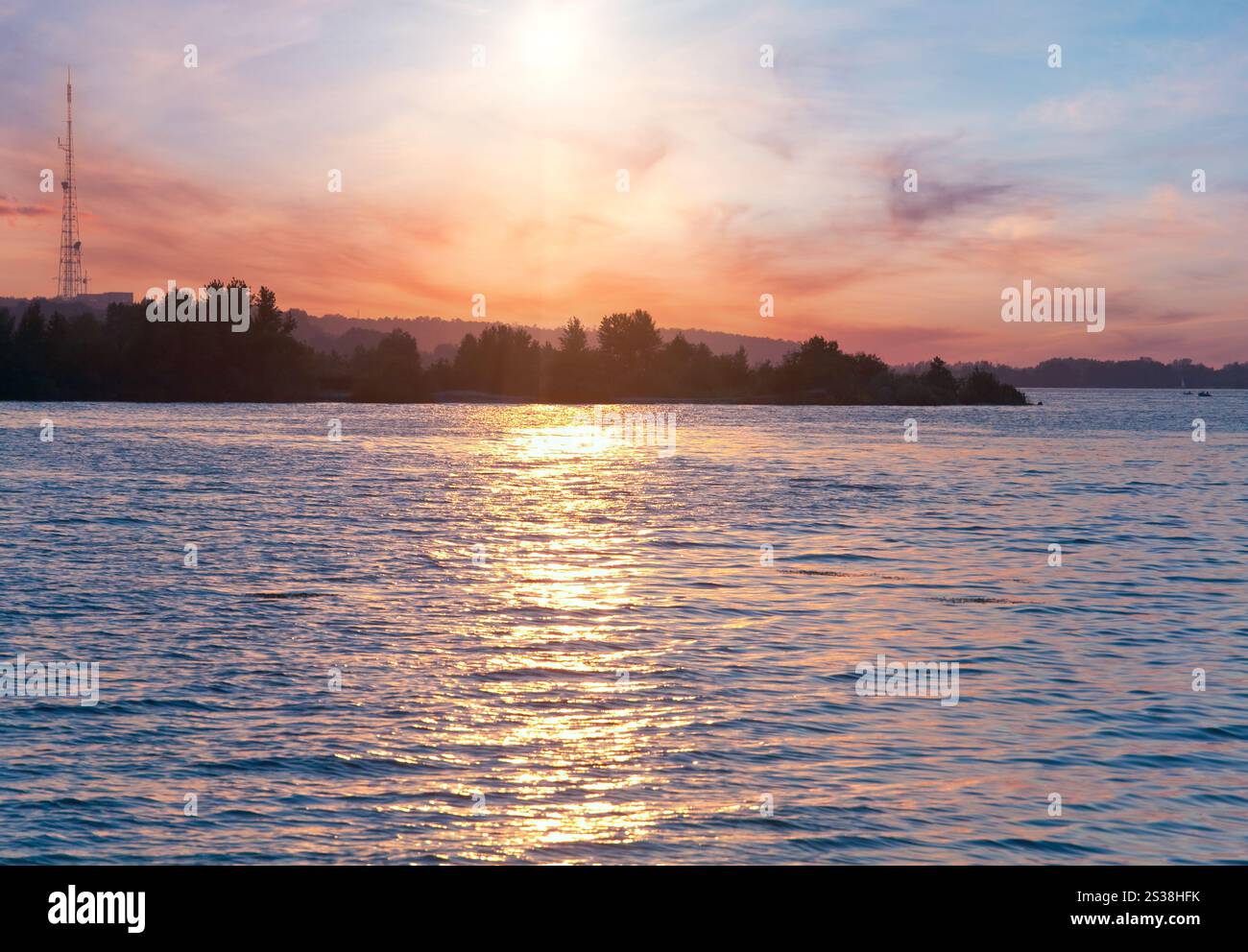 River sunset view with sunlight path on water surface(Dnieper, Ukraine ...