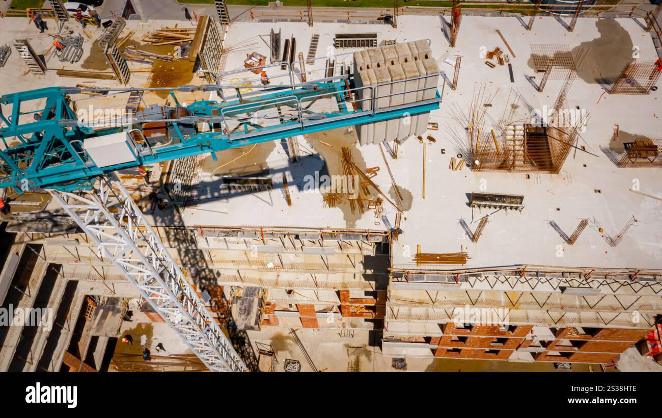 Above view on concrete skeleton of new unfinished multi-storey building ...