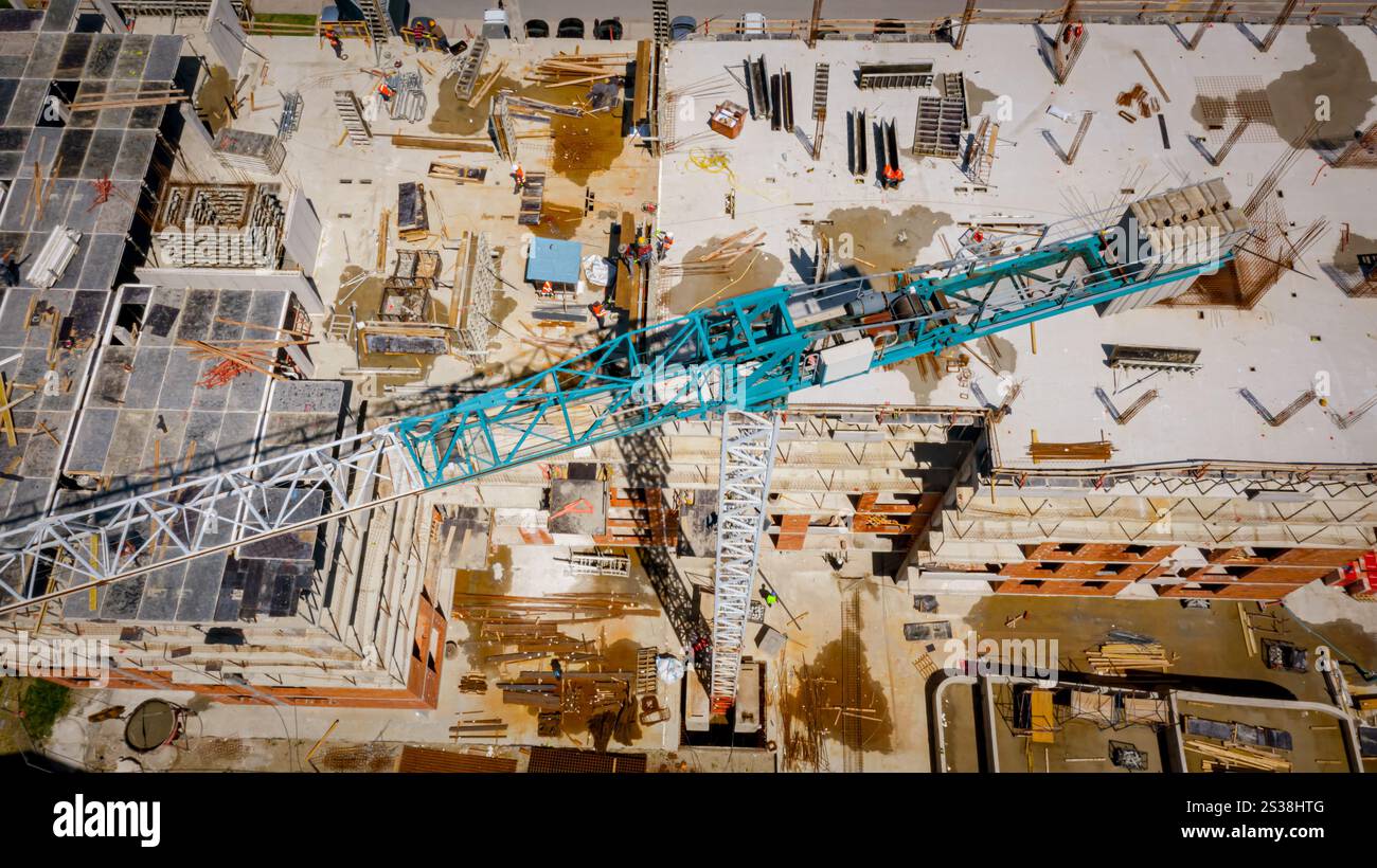 Above view on concrete skeleton of new unfinished multi-storey building ...