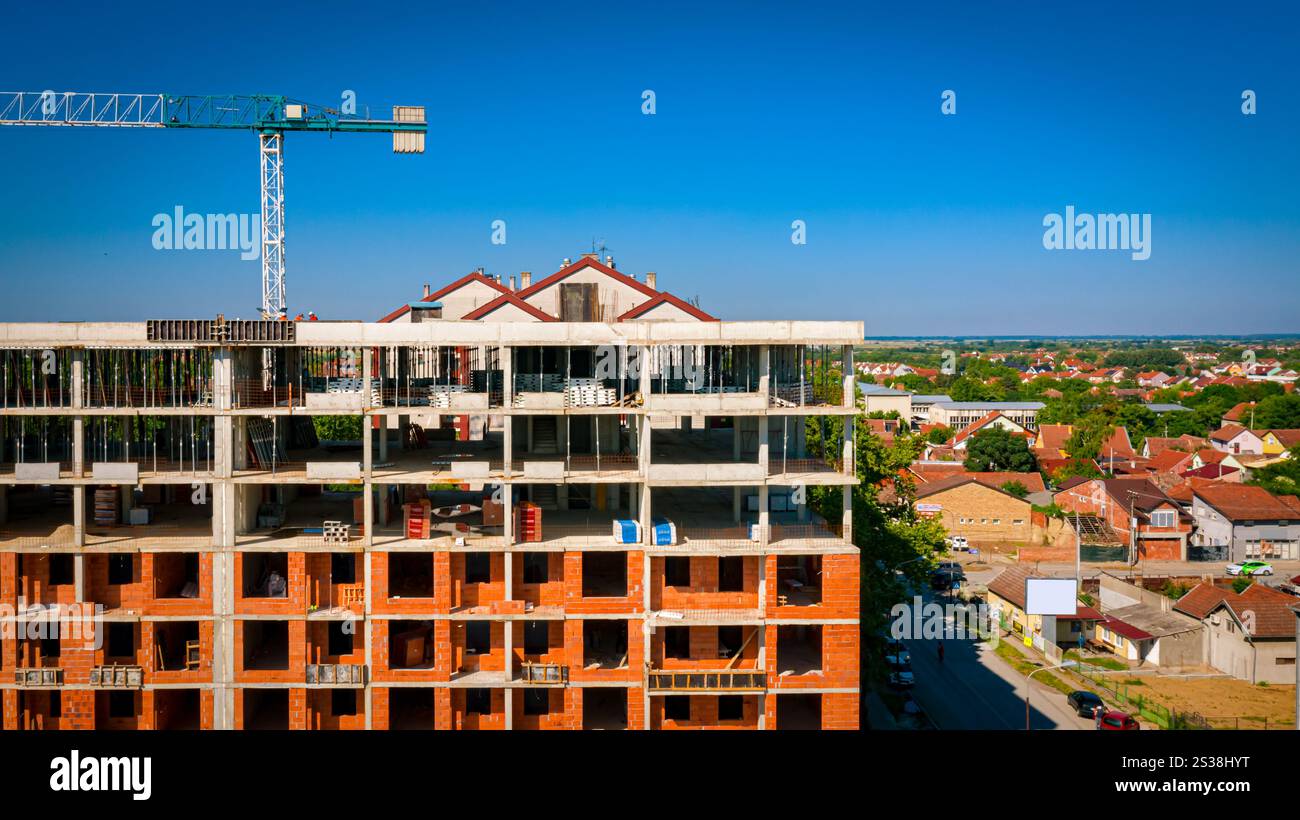 Above view on concrete skeleton of new unfinished multi-storey building ...