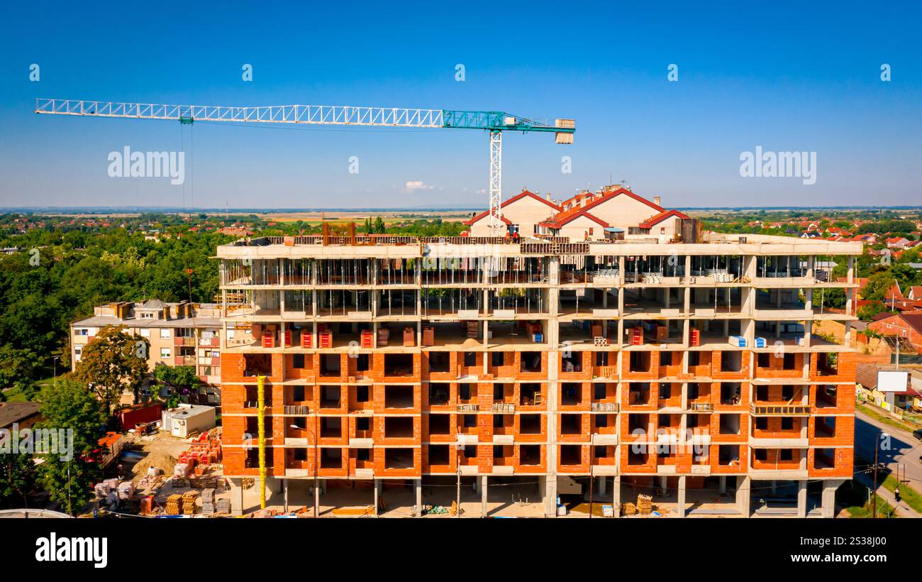Above view on concrete skeleton of new unfinished multi-storey building ...