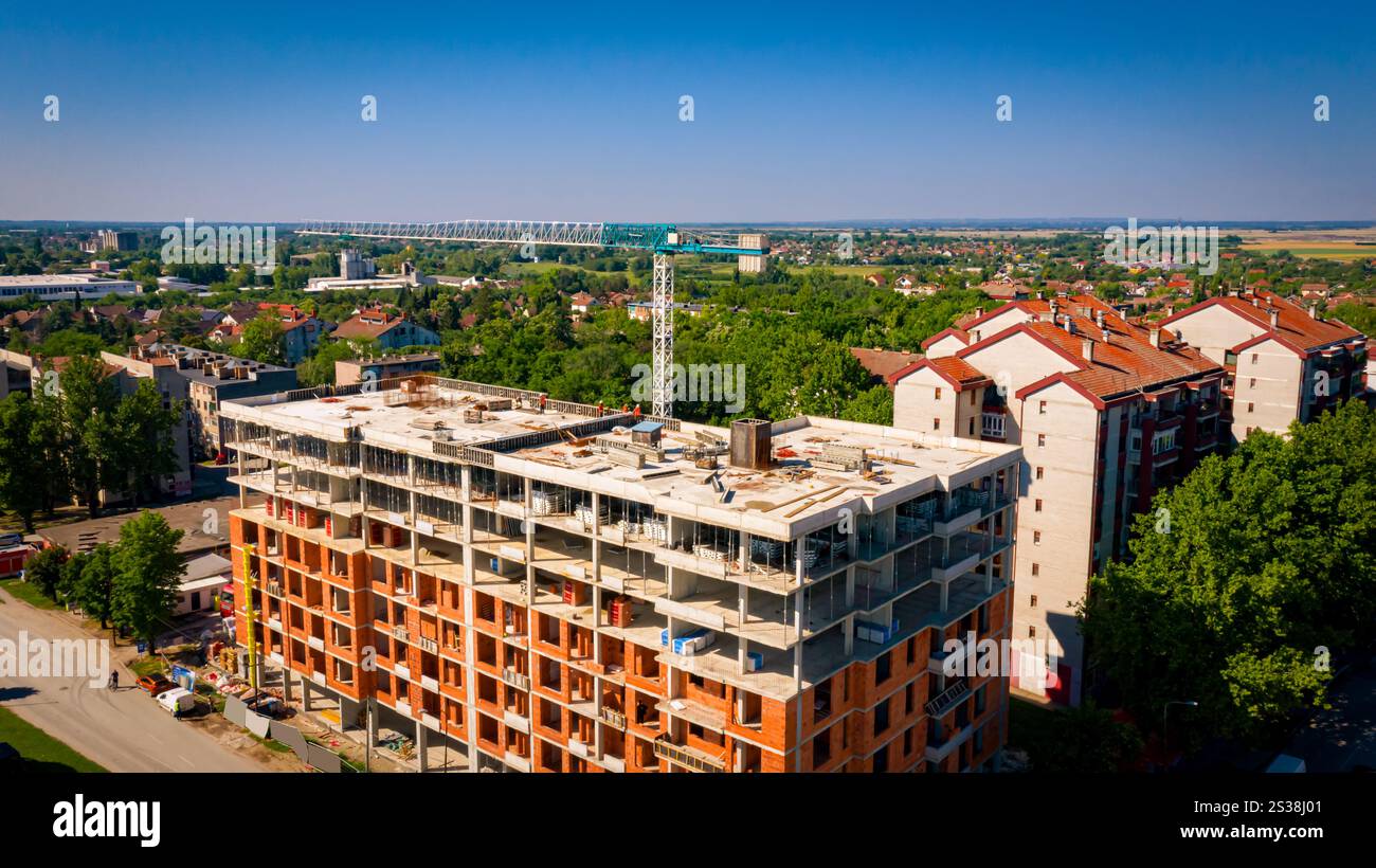 Above view on concrete skeleton of new unfinished multi-storey building ...