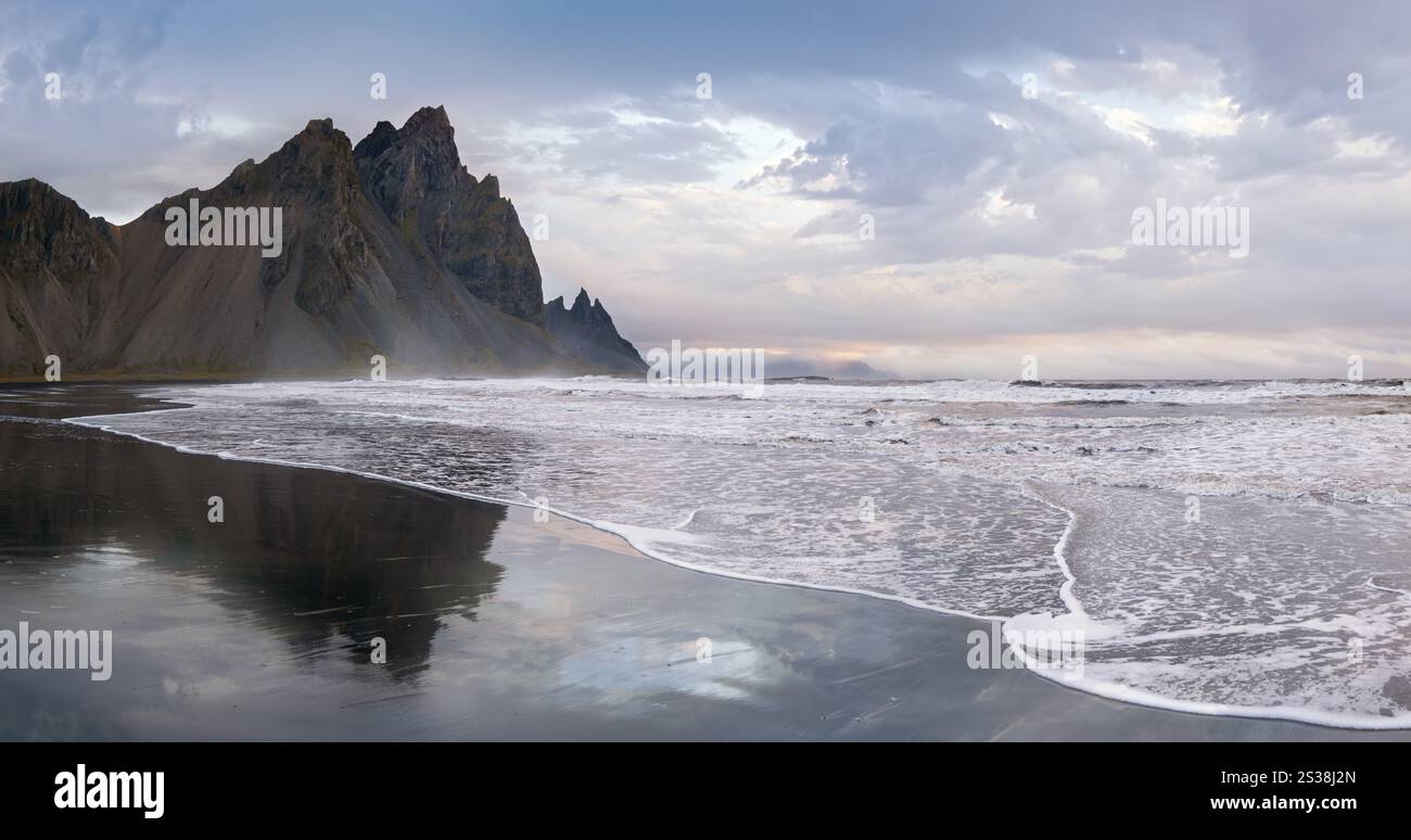 Sunrise Stokksnes cape sea beach and Vestrahorn Mountain with its ...