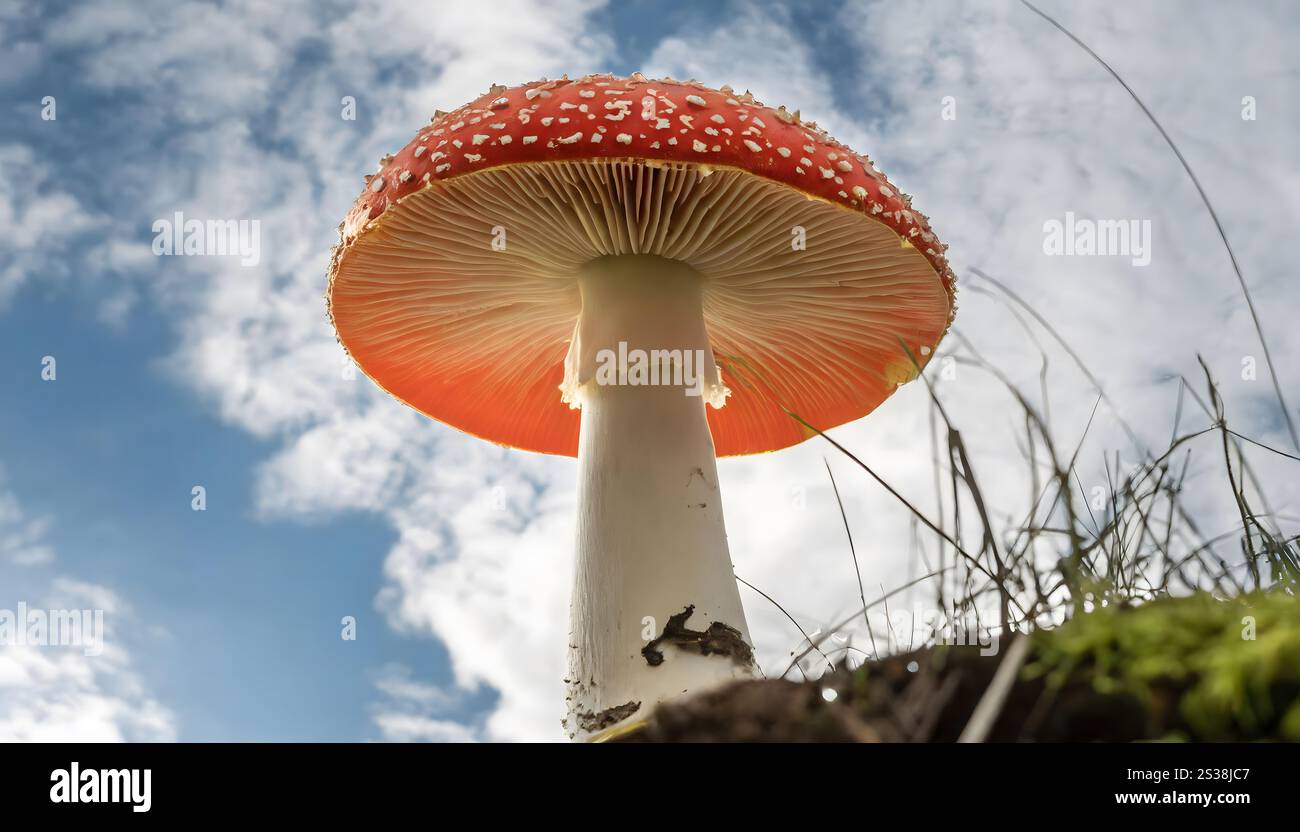 A large mushroom dominates the scene, towering above the lush green ...