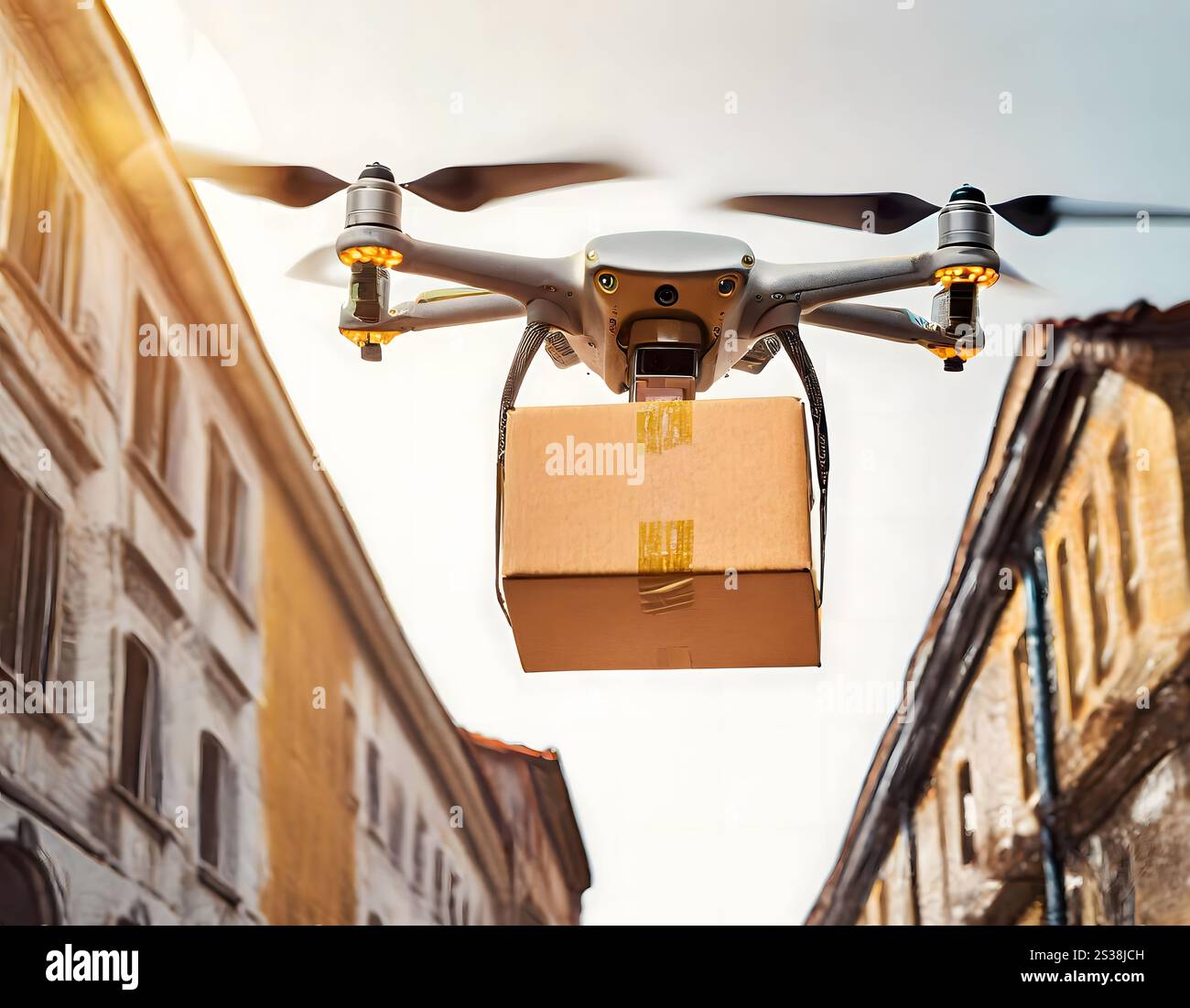Drone flies and carries a cardboard box. Air transportation of cargo ...