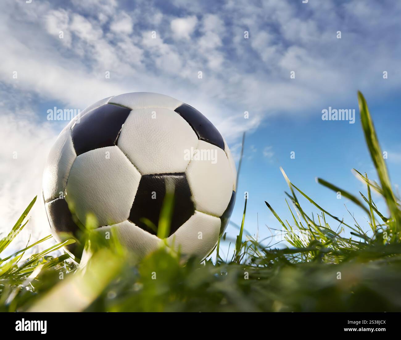 A soccer ball sits motionless atop a vibrant green soccer field ...