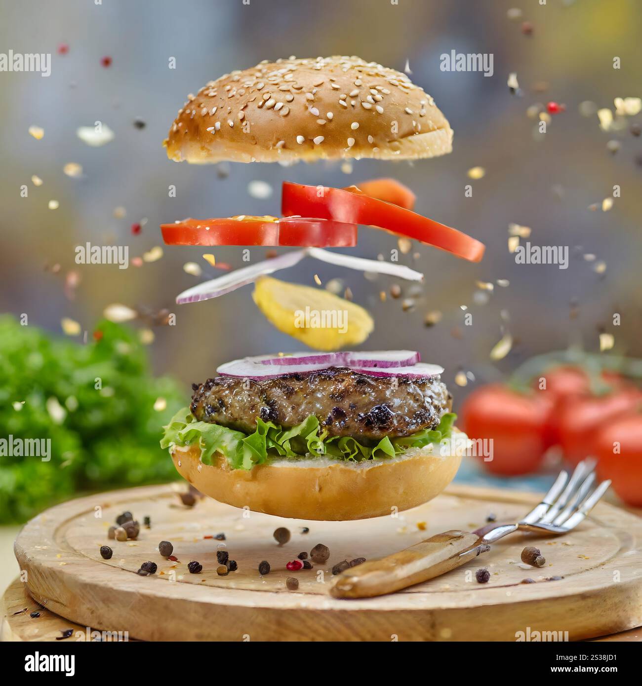 A loaded hamburger is shown falling through the air, with various ...