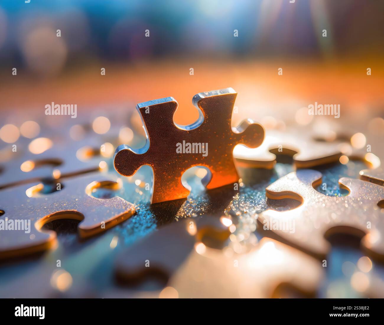 This close-up shot captures a single puzzle piece placed on a wooden ...