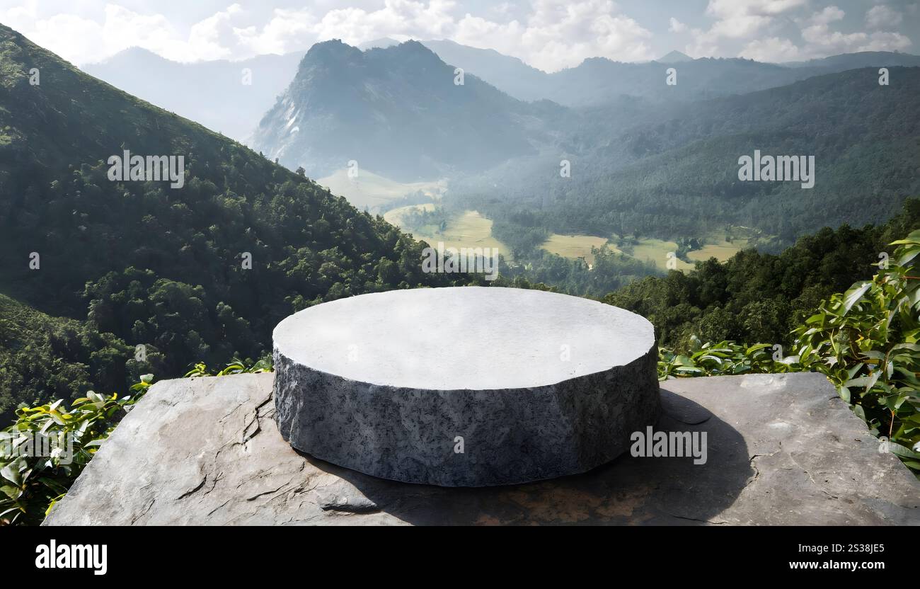 A lone stone table rests stoically on a massive rock amidst the serene ...