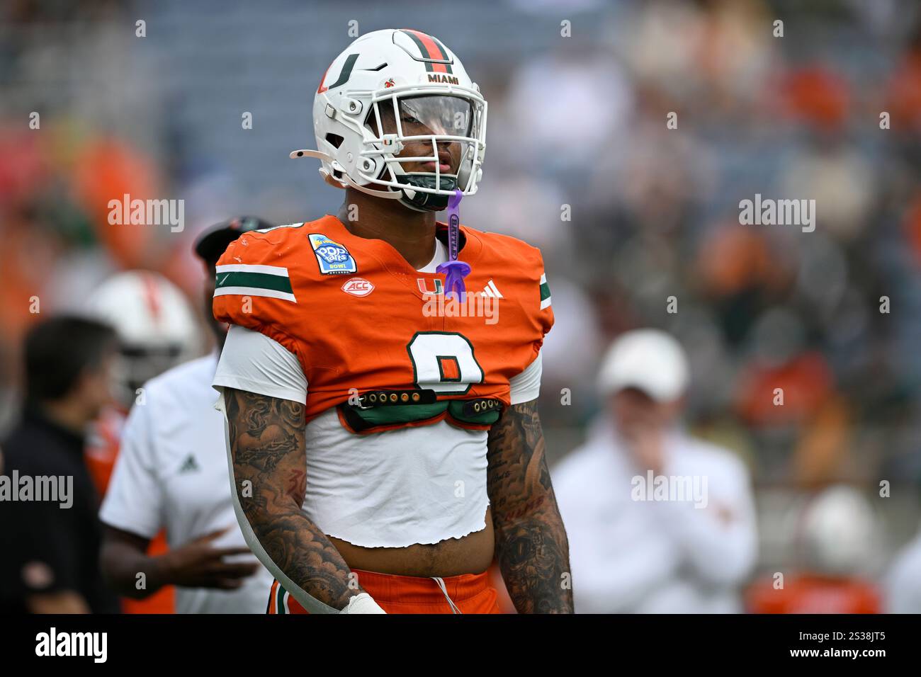 Miami tight end Elijah Arroyo (8) warms up before the Pop Tarts Bowl ...