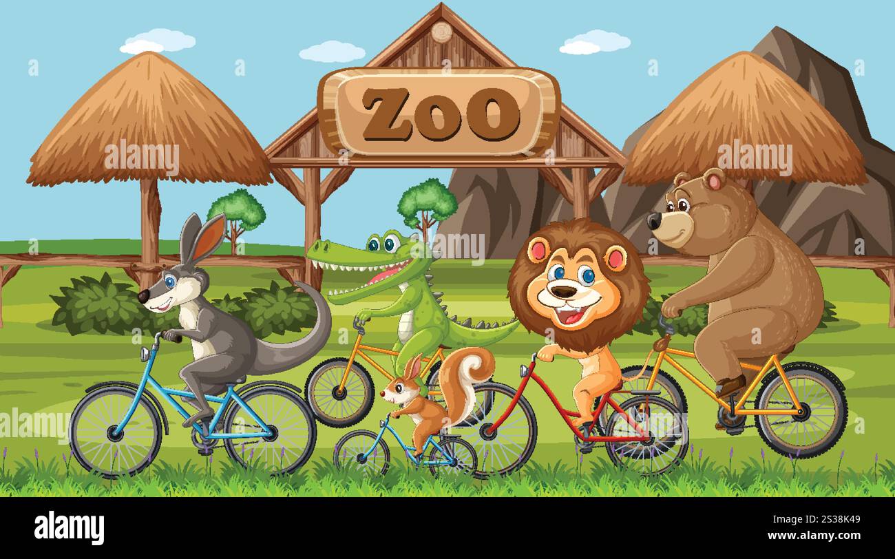 Cartoon animals cycling together in a zoo setting Stock Vector Image ...