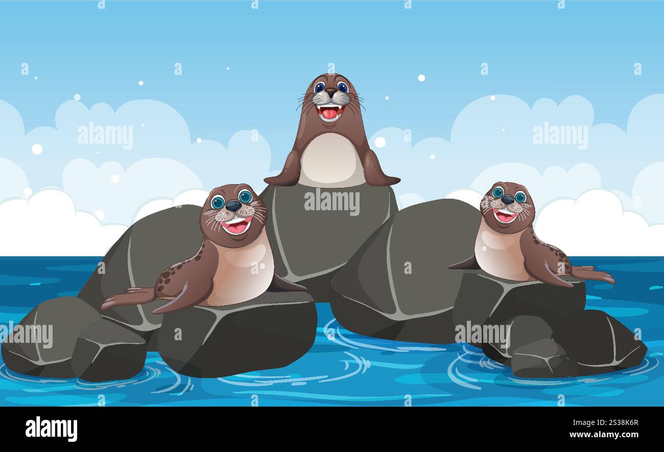 Three happy seals lounging on ocean rocks Stock Vector Image & Art - Alamy