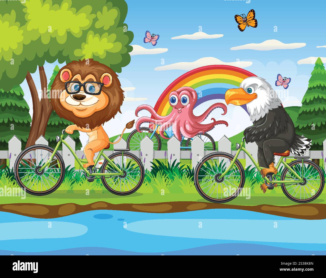 Animals cycling together under a colorful rainbow Stock Vector Image ...