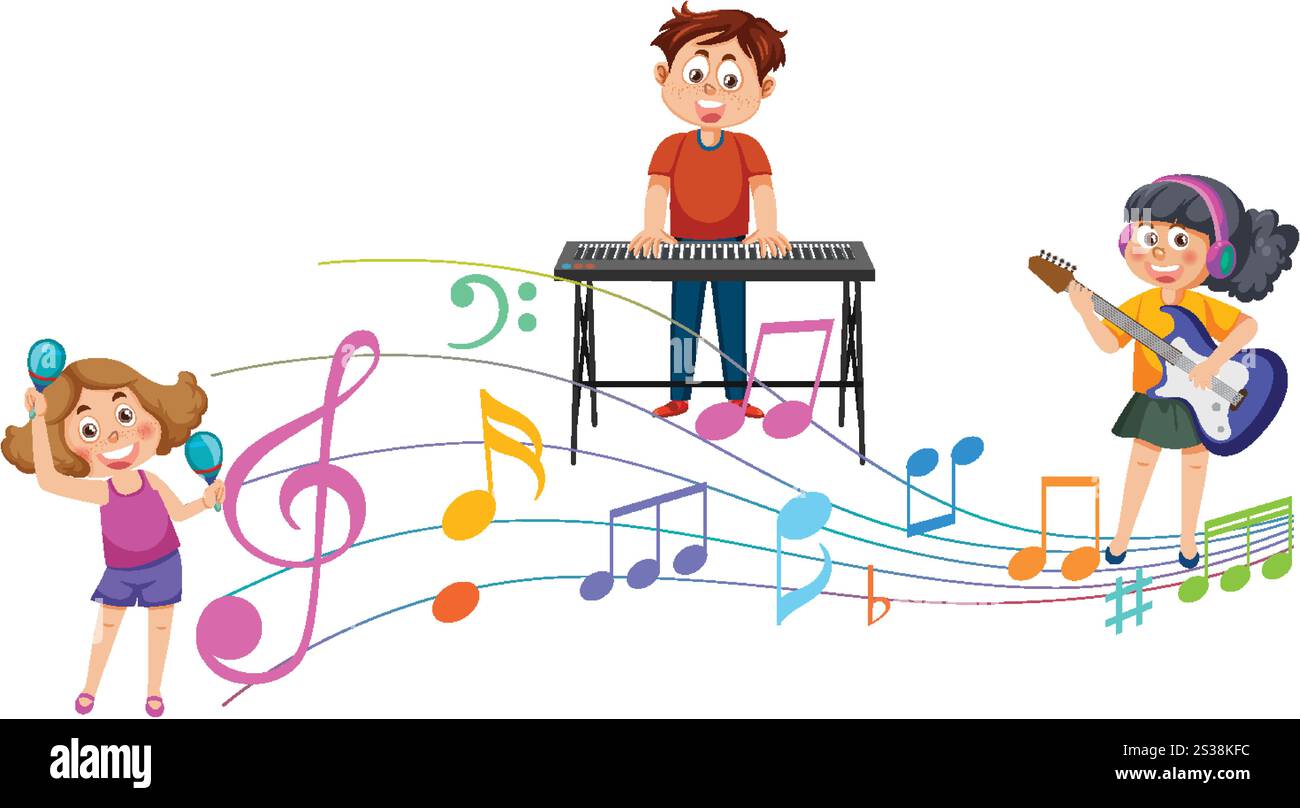 Children playing instruments with colorful musical notes Stock Vector ...