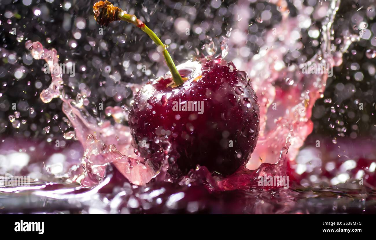 A red apple getting splashed with water, creating a dynamic and ...