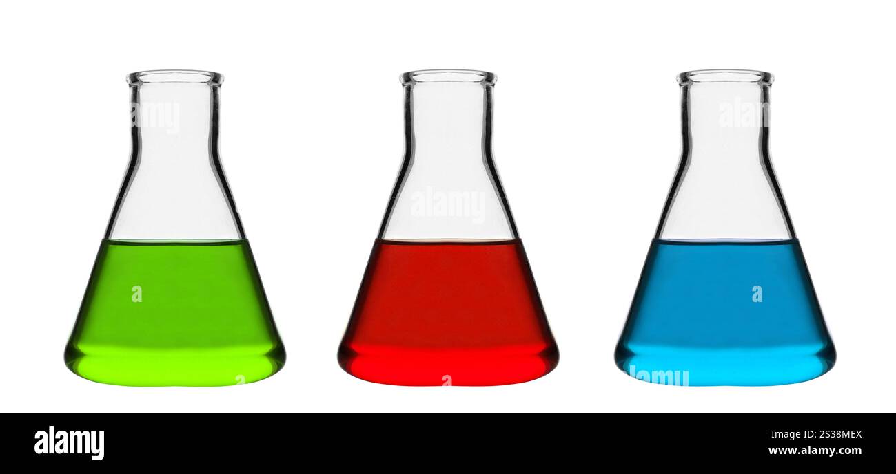 Chemical laboratory flasks with liquid isolated on white background ...