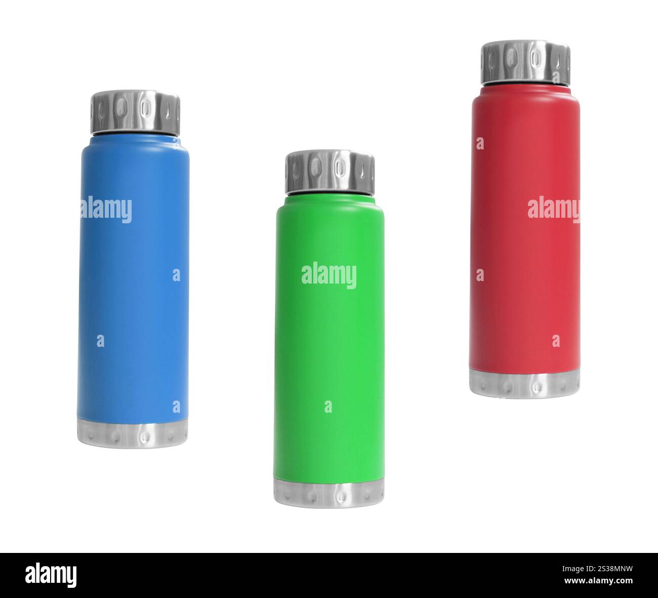 blue thermal mug isolated on white background. blue, green and red ...