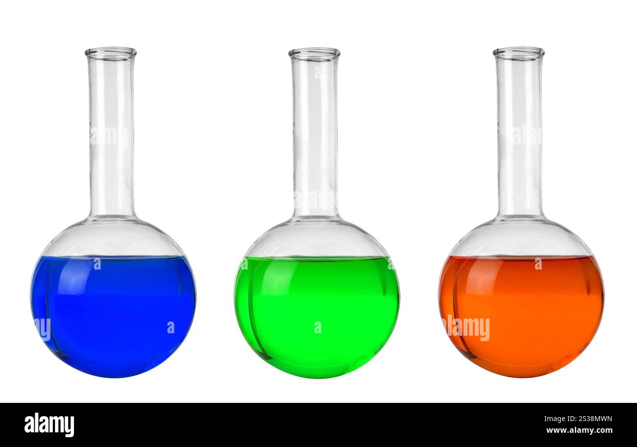 Chemical laboratory flasks with red, blue and green liquid Stock Photo ...
