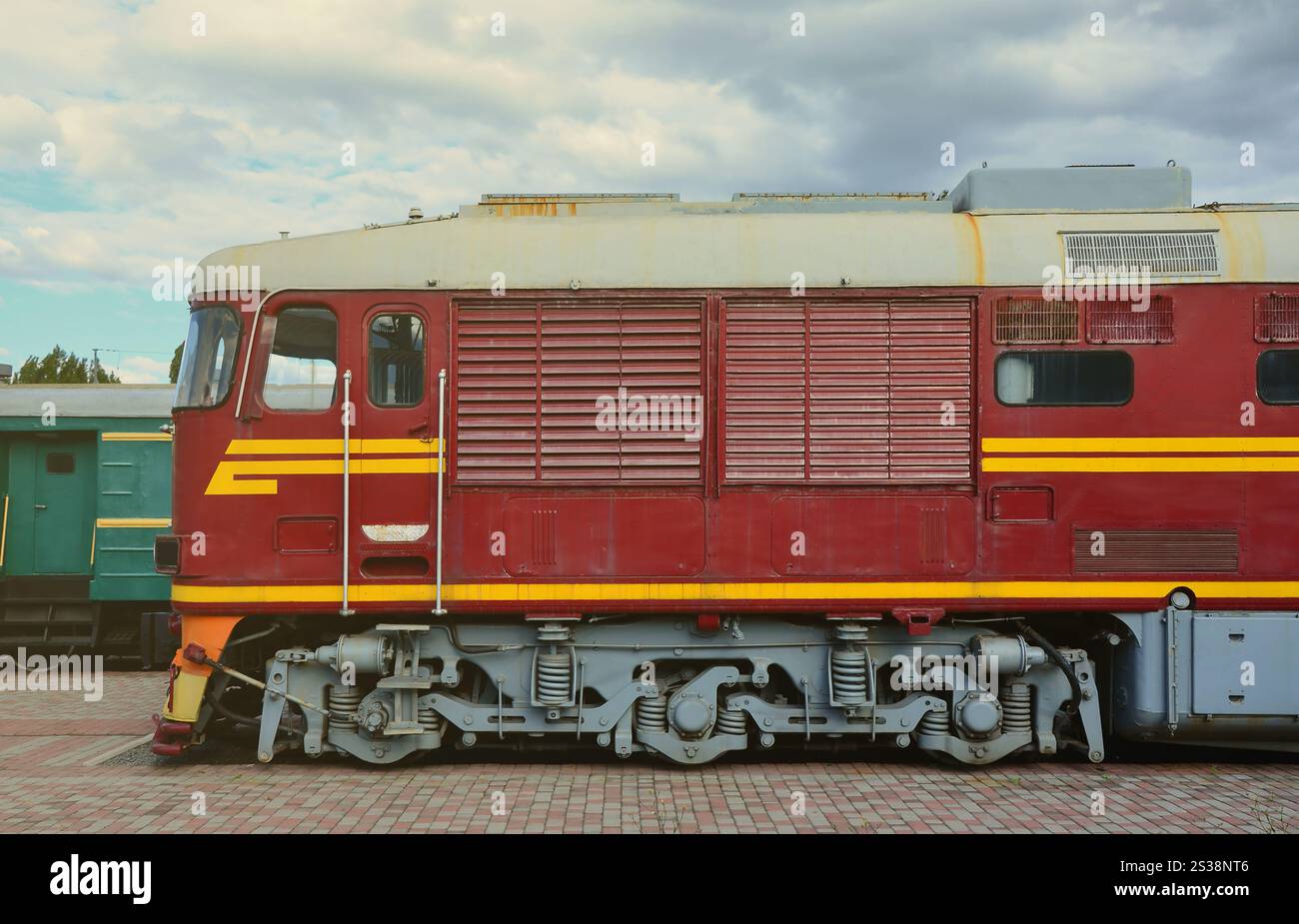 Cabin of modern Russian electric train. Side view of the head of ...