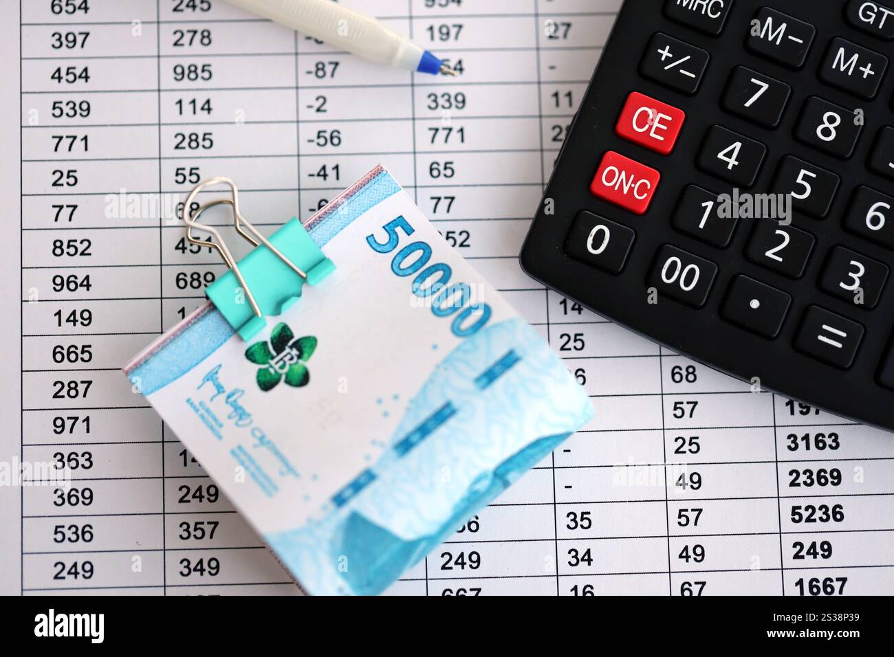 Business calculations with indonesian rupiah money bills and calculator ...