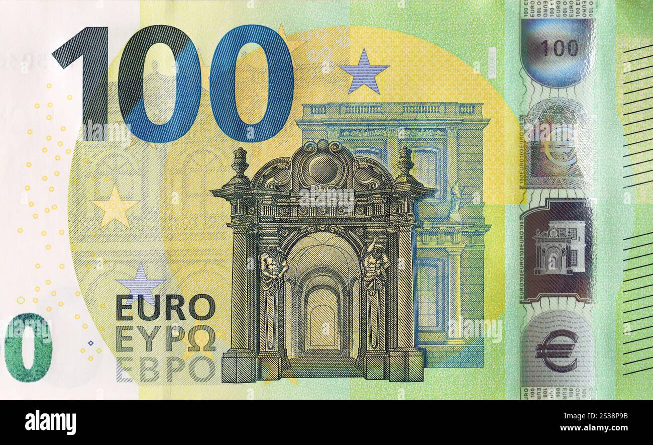Fragment of one hundred euro money bill. Details of European union ...