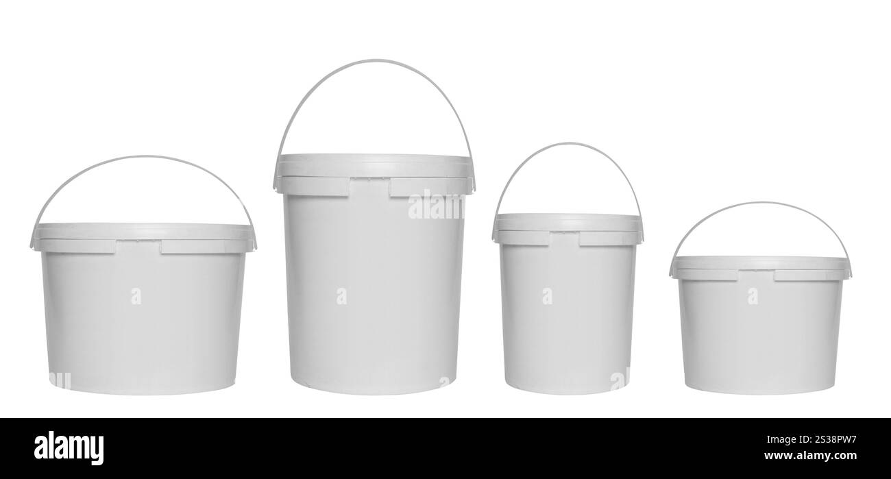 white plastic buckets isolated on white background Stock Photo - Alamy