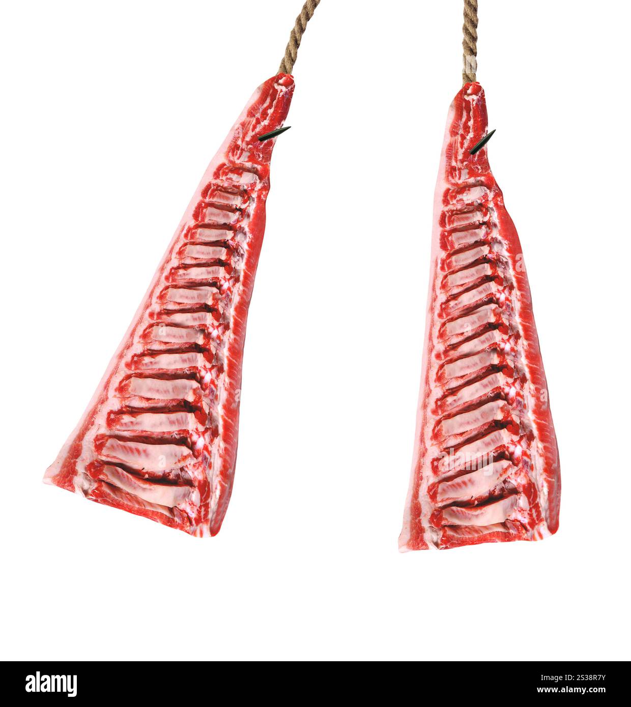 Meat is hanging on hooks isolated on white background. Meat is hanging ...