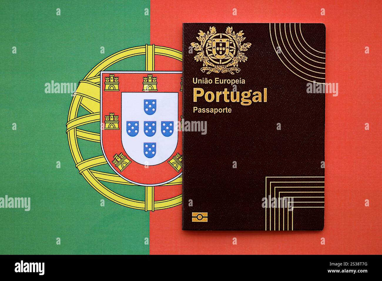 Red Portugal passport of European Union on national flag background ...