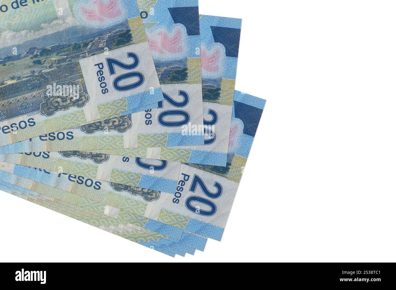 20 Mexican pesos bills lies in small bunch or pack isolated on white ...