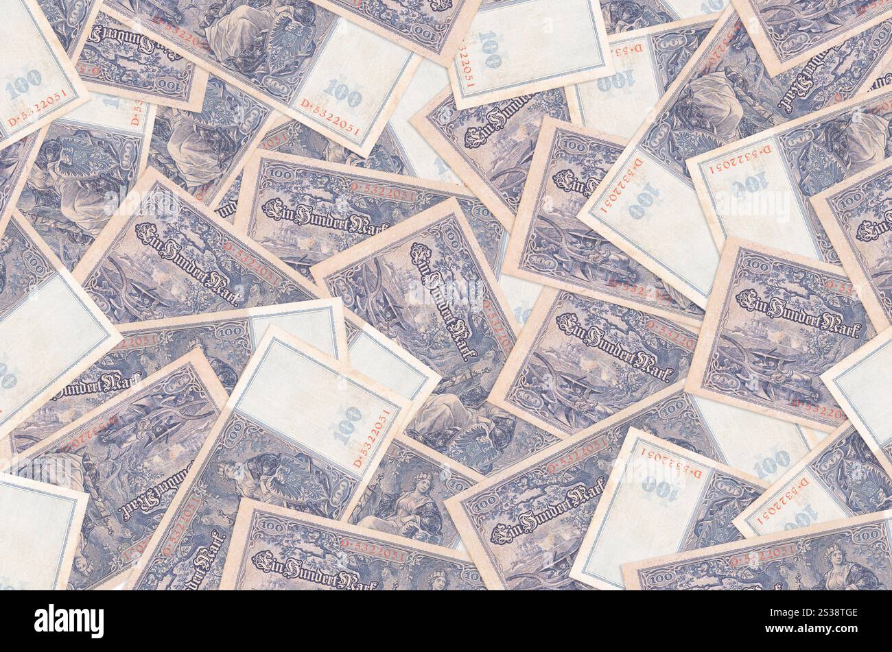 100 Reich marks bills lies in big pile. Rich life conceptual background ...