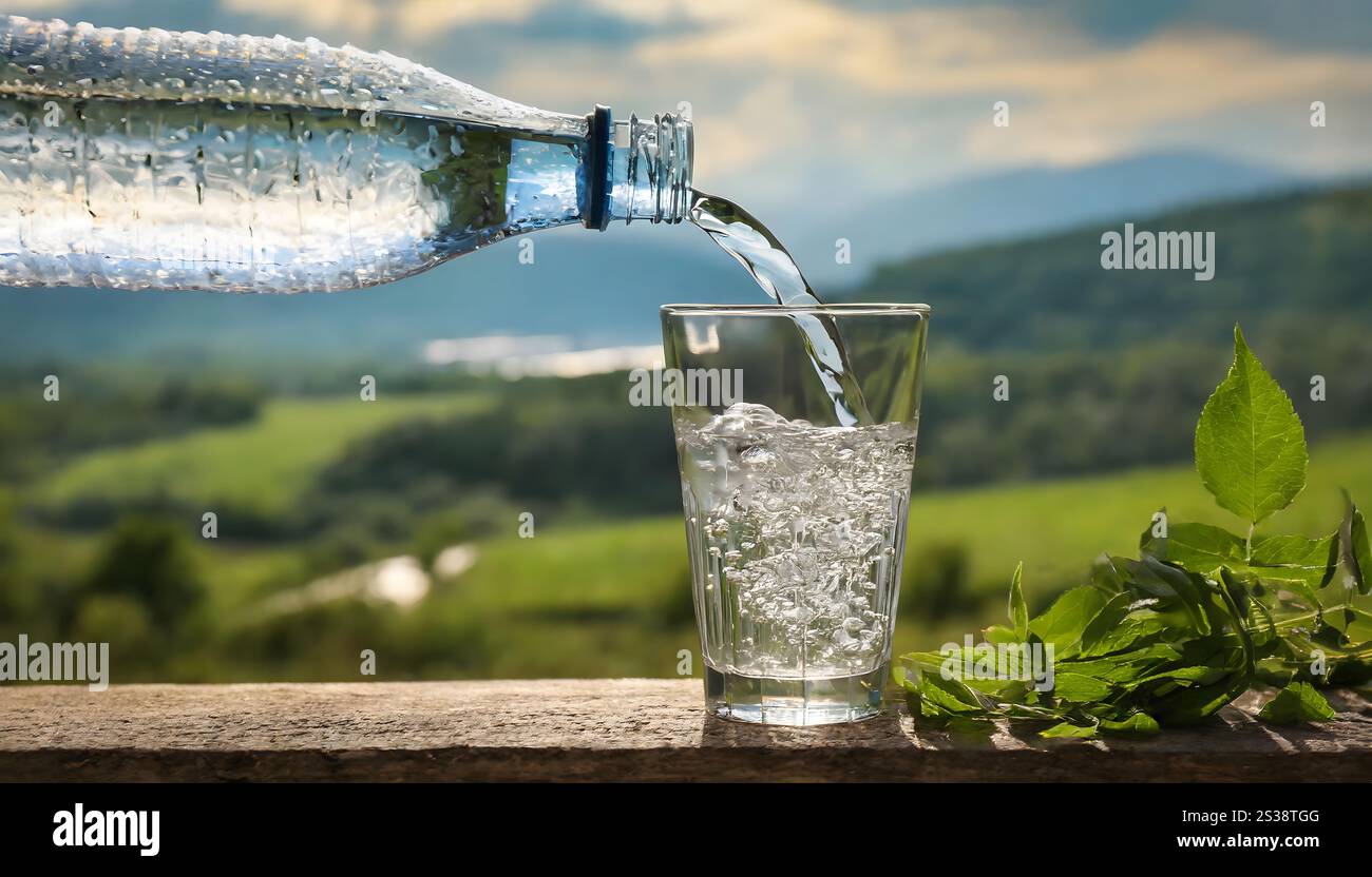 A clear bottle is tilted, pouring water into a transparent glass on a ...