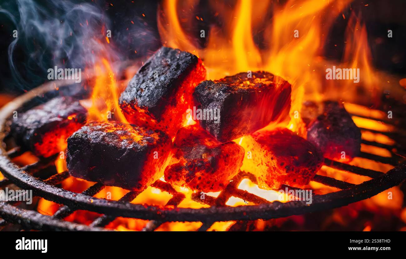 An up-close view of various foods sizzling on a barbecue grill, showing ...