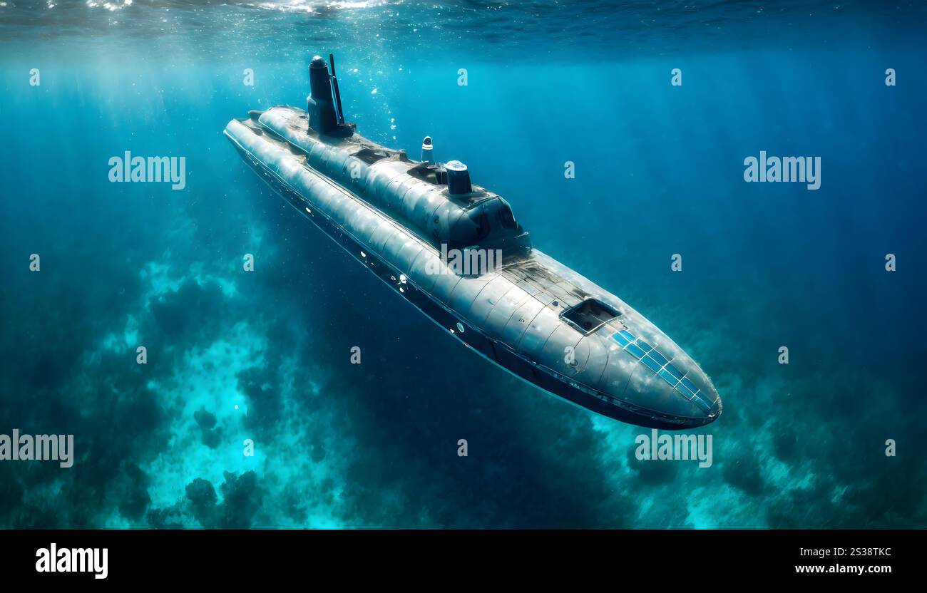 A submarine floats silently in the vast expanse of the ocean, its ...