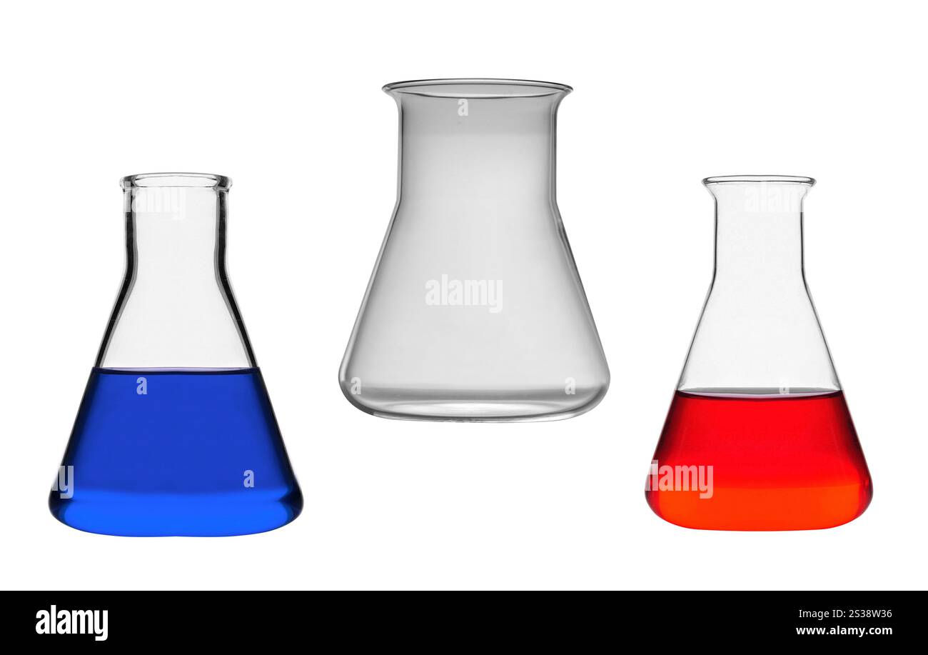 Chemical laboratory flasks with liquid isolated on white background ...