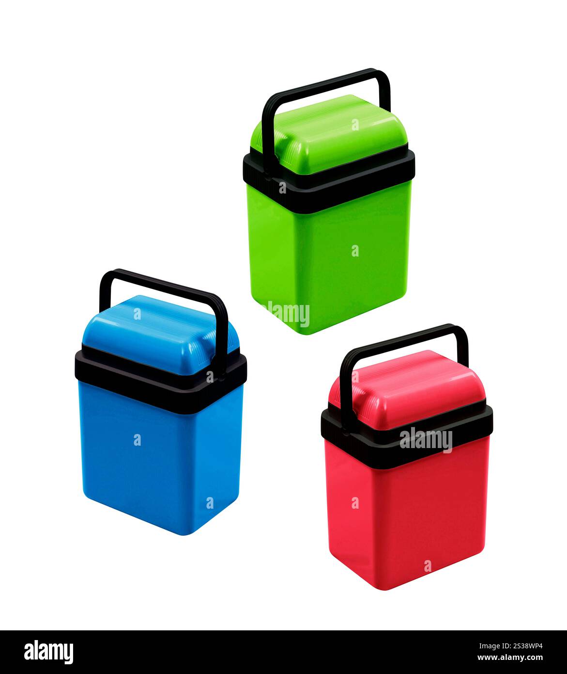blue, red and green cooling boxes isolated on white background Stock ...