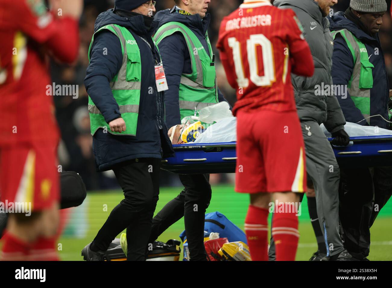 London, UK. 08th Jan, 2025. Rodrigo Bentancur (TH). injured at the Tottenham Hotspur v Liverpool ...