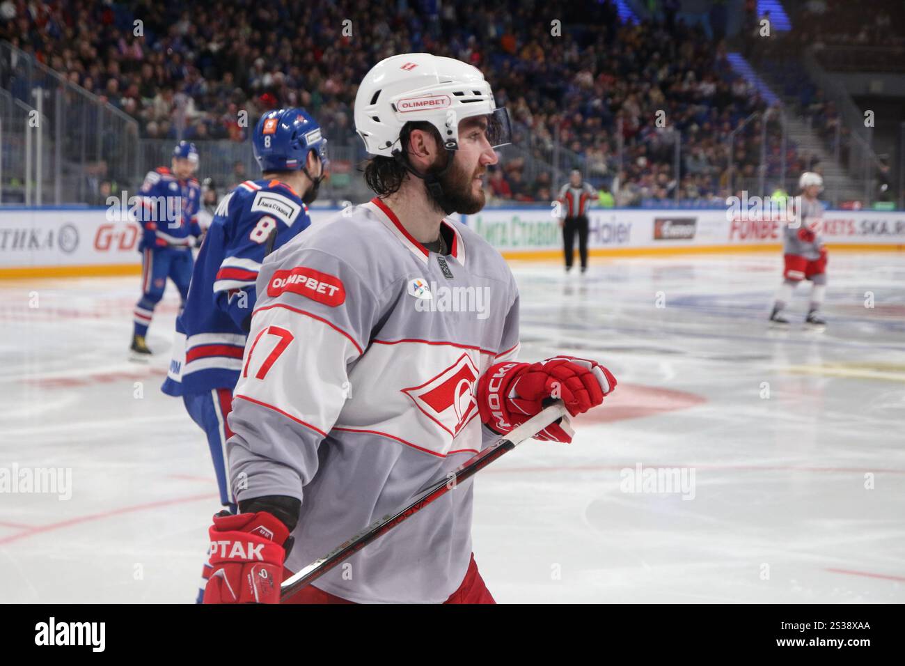 Ivan Morozov (17) of Spartak Hockey Club seen in action during the Hockey match, Kontinental ...