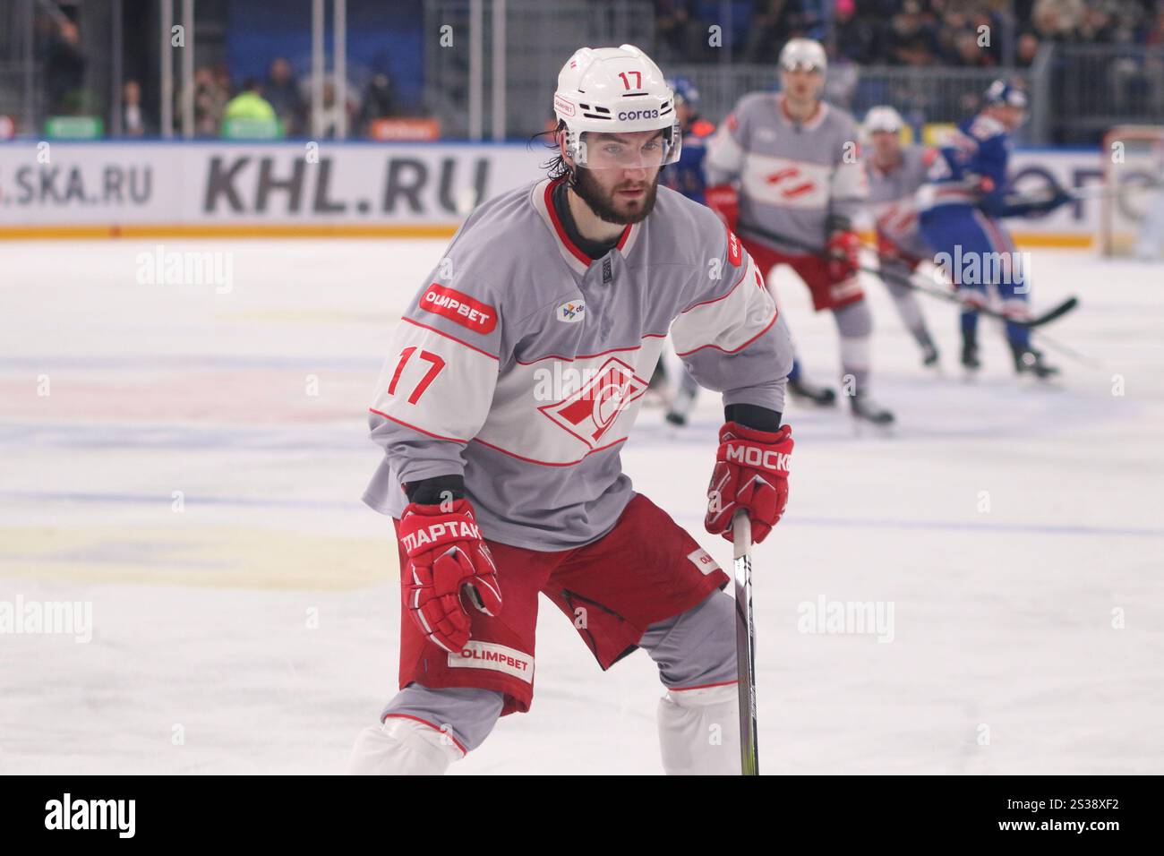 Ivan Morozov (17) Spartak Hockey Club seen in action during the Hockey match, Kontinental Hockey ...