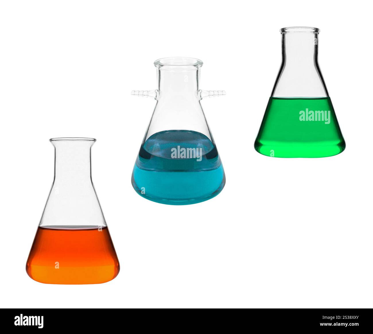 Chemical laboratory flasks isolated on white background. Chemical ...